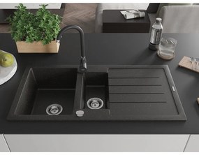 Mexen Andres 1,5-komorový granitový kuchyňský dřez s odkapávačem 100x50 cm a kuchyňská baterie Telma, černá-zlatá, 6515-75-670200-70