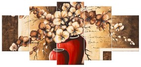 Gario Ručně malovaný obraz Orchideje v červené váze - 5 dílný Rozměry: 150 x 105 cm