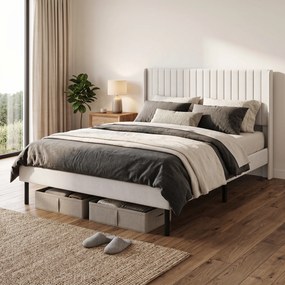 HOMCOM Postelový rám 140 x 200 cm s nastavitelným čelem, čalouněná postel se 12 laťkami, béžová