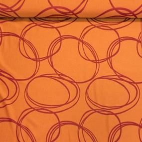 Dekorační závěs, vínové  kruhy na oranžové, šířka 140cm (látka v metráži)