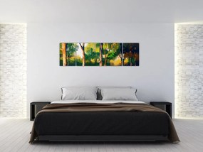 Obraz lesa v letním slunci, malba (170x50 cm)