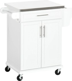 HOMCOM Moderní kuchyňský ostrov s 4 koly, 1 zásuvkou, 1 držákem na utěrky, 1 regálem na koření a nastavitelnou policí 83,5x45,7x90,5 cm Bílý | Aosom