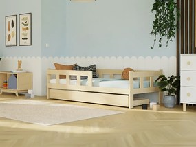 Benlemi Dřevěná jednolůžková postel FENCE 4v1 se zábranou a úložným šuplíkem Zvolte barvu: Béžová, Zvolte rozměr: 80x200 cm, Zvolte zábranu: S jednou zábranou