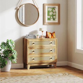 HOMCOM Úložný kabinet s 3 zásuvkami z ratanu 80 x 35 x 76 cm v jemném dřevěném vzhledu