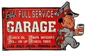 Červená kovová nástěnná cedule Bob´s Garage – 50x1x30 cm