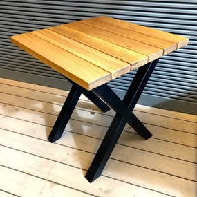 KULHÁNEK Čtvercový stolek s kovovými nohami „X“ Odstín nátěru: lazura - teak, Velikost desky: 80x80 cm, Odstín podnože: antracit - RAL 7016