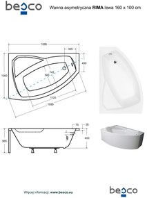 BESCO Asymetrická vana RIMA Nožičky k vaně - S nožičkami, Rozměr vany - 160 × 100 cm, Způsob provedení - Levé - VANRIM160L+OLVPINOZ