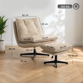 HOMCOM Lounge křeslo s podnožkou, otočné o 360°, potah z kordury, nastavitelná opěrka nohou, béžové