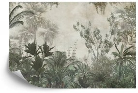 Fototapeta Tropical Trees And Leaves Wallpaper Design In Foggy Forest - 3D Samolepící tapety 104x70.5