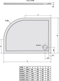 Polysan, RENA L sprchová vanička z litého mramoru, čtvrtkruh 90x80x4cm, R550, levá, bílá, 72890