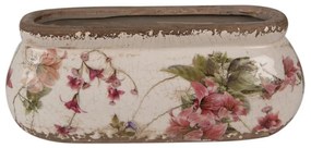 Béžový keramický oválný obal na květináč s květinami v antickém stylu s odřením – 18x8x7 cm