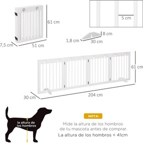 Skládací 4-panelová bariéra pro psy PawHut 204x61 cm - Bezpečnostní bariéra pro psy s dřevěnou konstrukcí a podpěrnými nohami do chodby a na schody B…