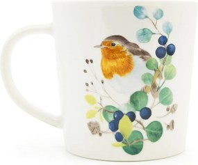 Porcelánový hrnek Červenka, bílý, 400 ml – motiv červenky, zelených lístků a bobulí