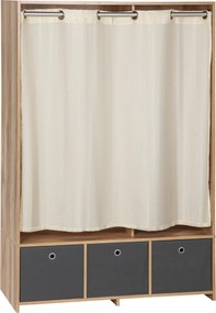 HOMCOM Skříň, šatna s závěsem, oblečení skříň, skříň s ramínkem, 3 oddíly a 3 vyjímatelné textilní zásuvky - 105 x 48 x 160 cm, přírodní dřevo