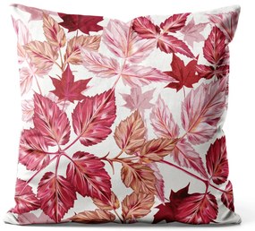 Dekorační velurový polštář Podzimní listy - kompozice červených javorových listů na bílém pozadí