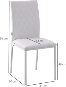 HOMCOM Sada 4 Čalouněných Jídelních Židlí v Umělé Kůži s Kovovými Nohami - Moderní Židle do Kuchyně a Ložnice - Nosnost 120 kg, 41x50x91 cm, Bílá