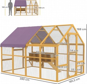 Dřevěný kurník s volným výběhem, bezpečnostní zámek, dvířka, 4 hnízdní boxy, pro 8-12 kuřat, cca 2,8 x 1,8 x 1,9 m, žlutý