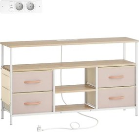 HOMCOM TV nábytek s LED světlem a zásuvkami USB, otevřené police, 4 skládací zásuvky, 120x30x67,5 cm, béžová a bílá