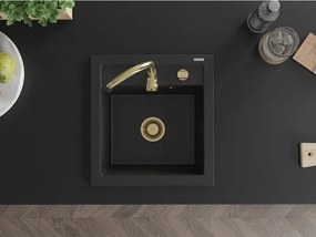 Mexen Vito, granitový dřez 520x490x210 mm, 1-komorový, černá se zlatým sifonem, 6503521000-77-G