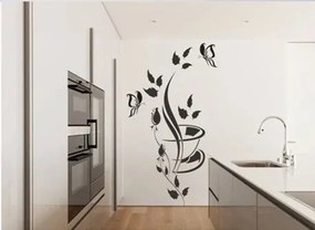 Samolepka na zeď do kuchyně s květinami, motýlem a šálkem 100 x 200 cm