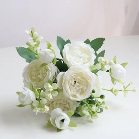 Umělá kytice pivoňek - 5 květů s poupaty (B) Barva: Bílá