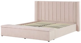 Růžová čalouněná sametová postel s malým úložným prostorem 160 x 200 cm NOYERS Beliani