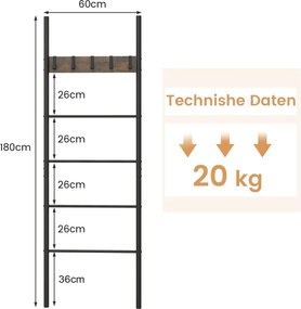 Costway Opěrný žebříkový stojan na deky s 5 háčky, hnědý