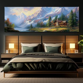 Obraz na plátně - Kouzelná chata v údolí hor FeelHappy.cz Velikost obrazu: 120 x 40 cm