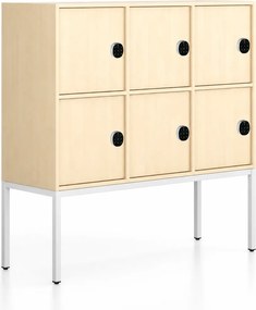 Kancelářská skříň FRAME, nízká, bílá podnož, 6x dveře, 1299 x 450 x 1331 mm, kódový zámek, bříza