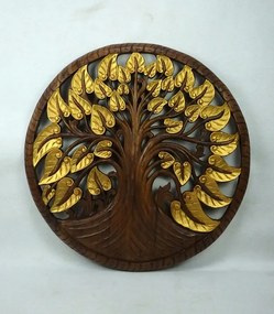 Závěsná dekorace Mandala Strom života zlatý, teakové dřevo, 90 cm