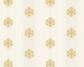 Vliesová zámecká tapeta zlaté ornamenty, krémové pruhy - metalická 330844 / Tapety na zeď 33084-4 Hermitage 10 (0,53 x 10,05 m)  A.S.Création
