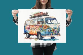 Plakát - Hippie dodávka, vanlife, akvarel FeelHappy.cz Velikost plakátu: A4 (21 × 29,7 cm)