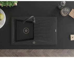 Mexen Cesar, granitový dřez 775x470x190 mm, 1-komorový, černá-stříbrná metalíza s černým sifonem, 6514771010-73-B