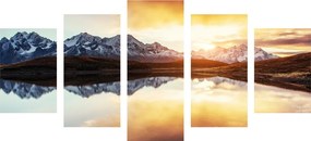 5-dílný obraz oslnivý západ slunce nad horským jezerem