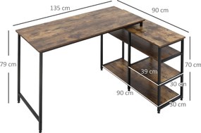 HOMCOM Rohový psací stůl PC stůl ve tvaru L s policí a zásuvkou 135x90x79cm rustikální hnědá dřevotříska kov pro kancelář a domácí pracovnu | Aosom.de