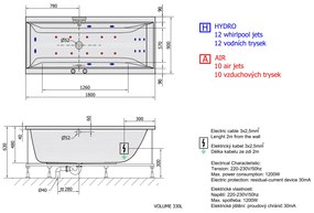 Polysan CLEO HYDRO-AIR hydromasážní vana, 180x90x48cm, bílá 13111HA