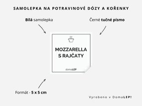 MOZZARELLA S RAJČATY - omyvatelná samolepka na kořenky, výběr rozměrů Ø 5 cm / 5 x 5 cm / 6 x 8 cm | DomaLEP tvar: ČTVEREC, barva: BÍLÁ - ČERNÉ písmo, velikost: š. 5 cm x v. 5 cm - tučné písmo