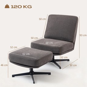 HOMCOM otočné relaxační křeslo s podnožkou, látka se vzhledem lnu, široké polstrované sedadlo, moderní křeslo do obýváku a ložnice, tmavě šedé