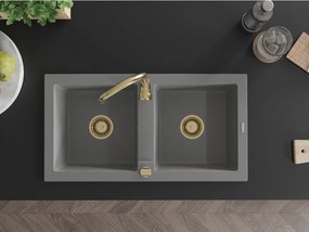 Mexen Mario, granitový dřez 820x436x161 mm, 2-komorový, šedá se zlatým sifonem, 6504822000-71-G