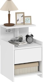 HOMCOM noční stolek s nabíjecí stanicí, USB porty, zásuvkou a policemi, noční stolek do ložnice, 40x40x60 cm, bílá
