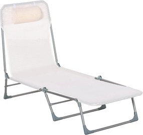 Skládací a polohovací zahradní lehátko Outsunny s nastavitelným opěrkou hlavy a 5 pozicemi opěradla, prodyšná textilní látka 182x56x28 cm Krémová | Ao