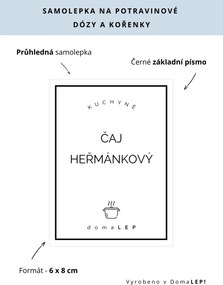 ČAJ HEŘMÁNKOVÝ – průhledná samolepka na dózu, základní písmo, 6 × 8 cm | DomaLEP