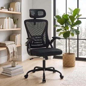 HOMCOM ergonomická kancelářská židle se sklápěcími opěrkami rukou, nastavitelnou opěrkou hlavy a výškou sedáku, prodyšná síťovina, černá