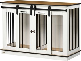 PawHut Psí Kotec s Dvoupokojovou Možností, 2 Dveře Moderní Závodní Kotec pro Ctyřnohé Mazlíčky do 30 kg, Psí Dům 120 x 60 x 88,5 cm Bílý | Aosom