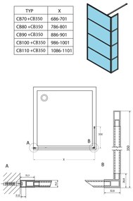 Gelco, CURE BLACK přídavný panel 350 mm, čiré sklo, CB350