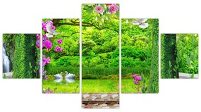 Obraz - Kouzelná zahrada s labutěmi (125x70 cm)