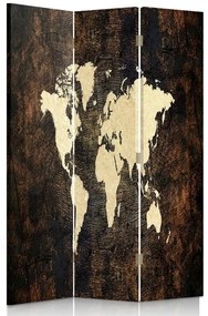 Ozdobný paraván, Mapa světa na tmavých deskách - 110x170 cm, třídílný, obustranný paraván 360°