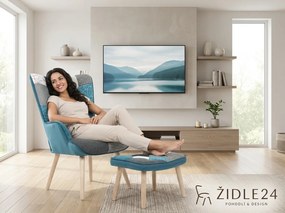 Relaxační křeslo ušák s podnožkou LYRO - modrá patchwork látka
