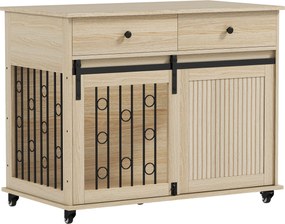PawHut domácí psí klec 100 × 56 × 81 cm s kolečky, zásuvkou, posuvnými dveřmi a zamykatelným bočním vstupem — dub | Aosom