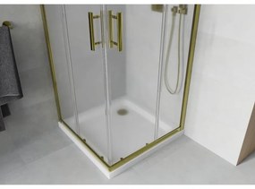 Mexen Rio, čtvercový sprchový kout s posuvnými dveřmi 70 (dveře) x 70 (dveře) x 190 cm, 5mm sklo námraza, zlatý profil + bílá sprchová vanička SLIM, 860-070-070-50-30-4010G